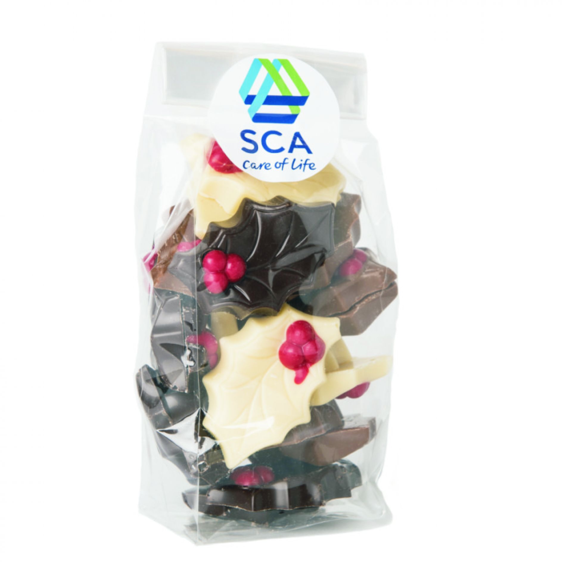 Zakje met 100 gram chocolade hulstblaadjes - LogoChoc