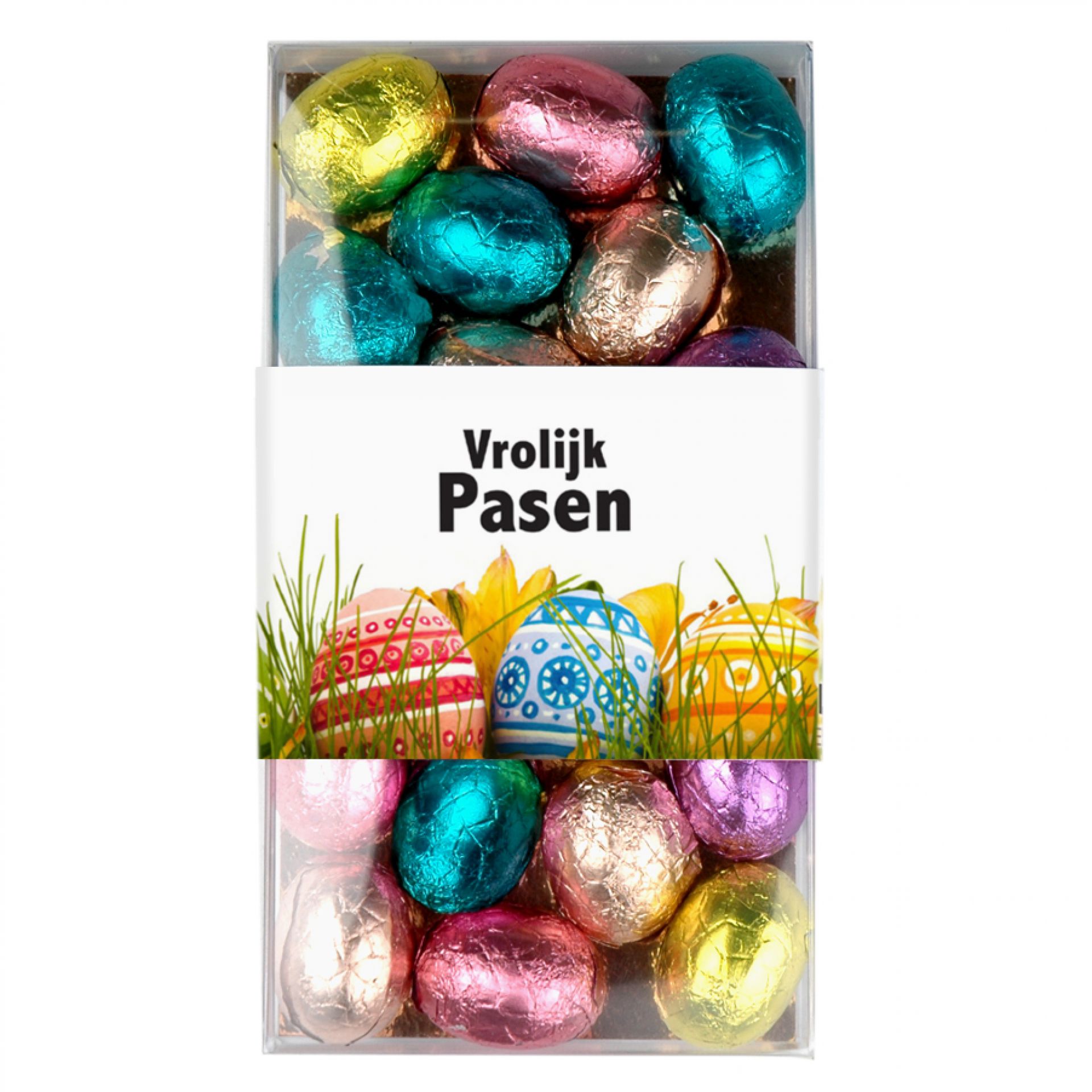Postdoosje gevuld met 150 gram luxe paaseitjes - LogoChoc.nl